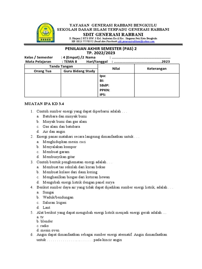 Soal PAS Tema 9 Kelas 4 | PDF