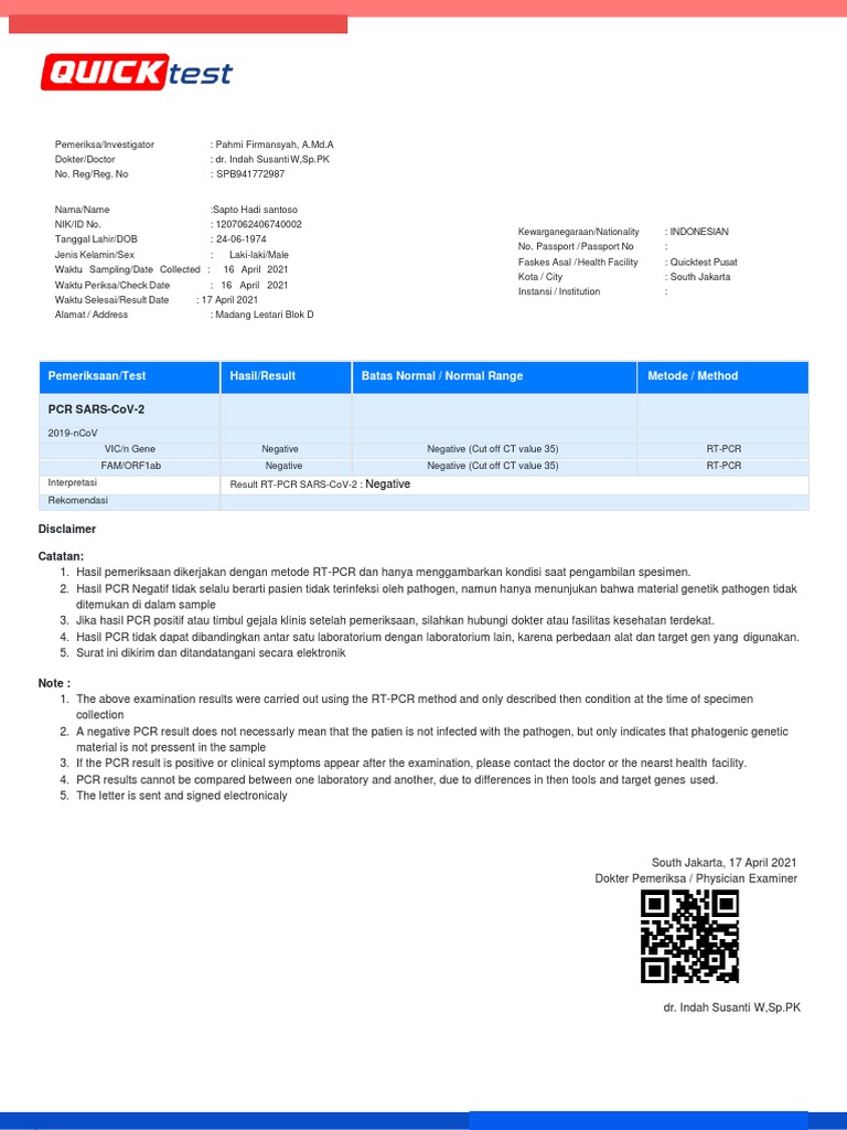 PCR Test Result for Sapto Hadi Santoso | PDF