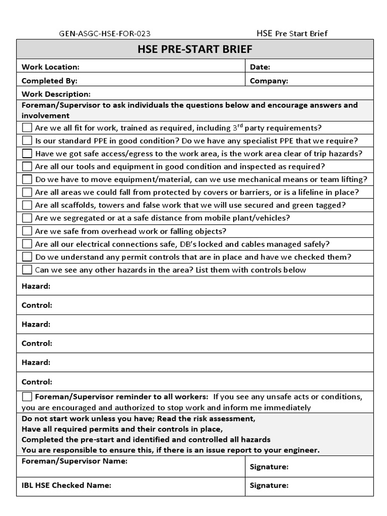 Gen-Asgc-hse-For-023 Hse Pre Start Brief Rev 0 | PDF