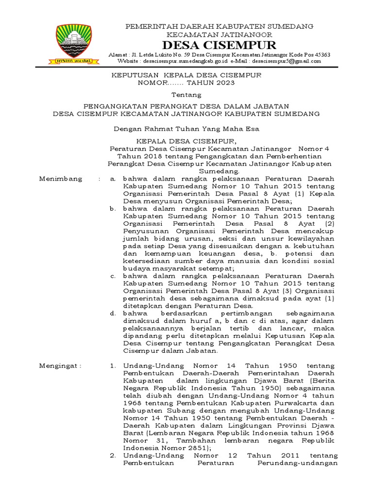 Contoh 4 SK Pengangkatan Perangkat Desa Dalam Jabatan | PDF