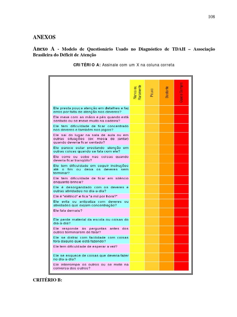Questionário Usado No Diagnóstico de TDAH | PDF