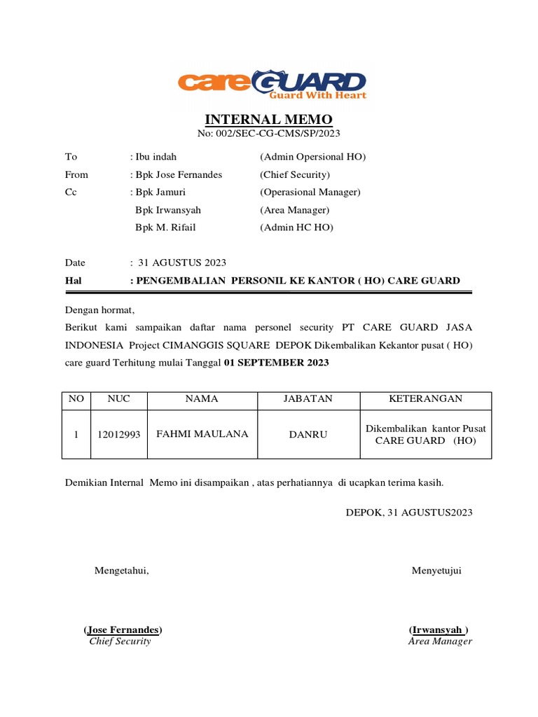 Internal Pengembalian Memo Personil 01 SEPTEMBER 2023- Copy | PDF
