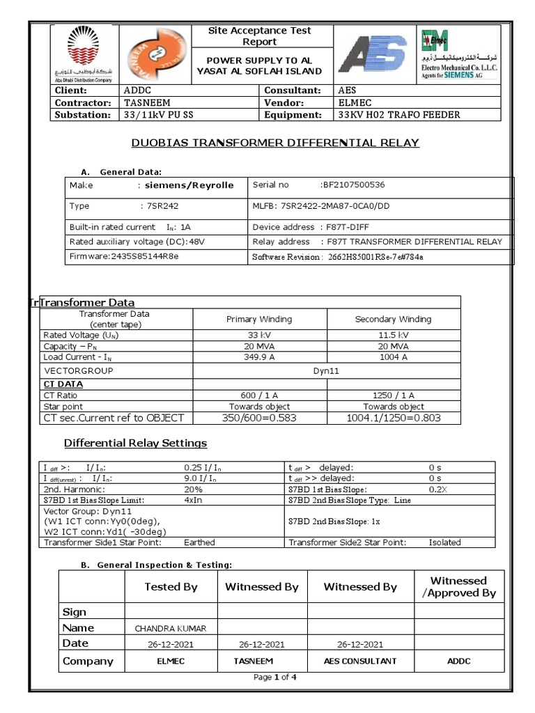 H02 Duobias Relay Report 87T | PDF | Transformer | Electrical Substation