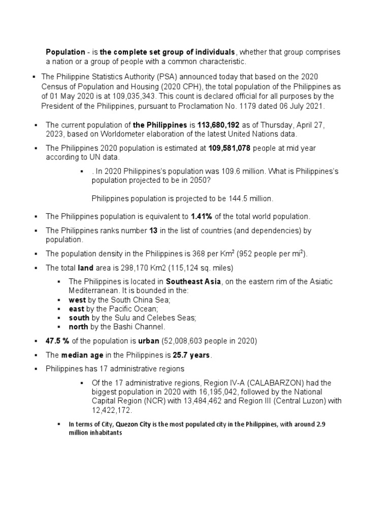 Population | PDF | Philippines | Metro Manila