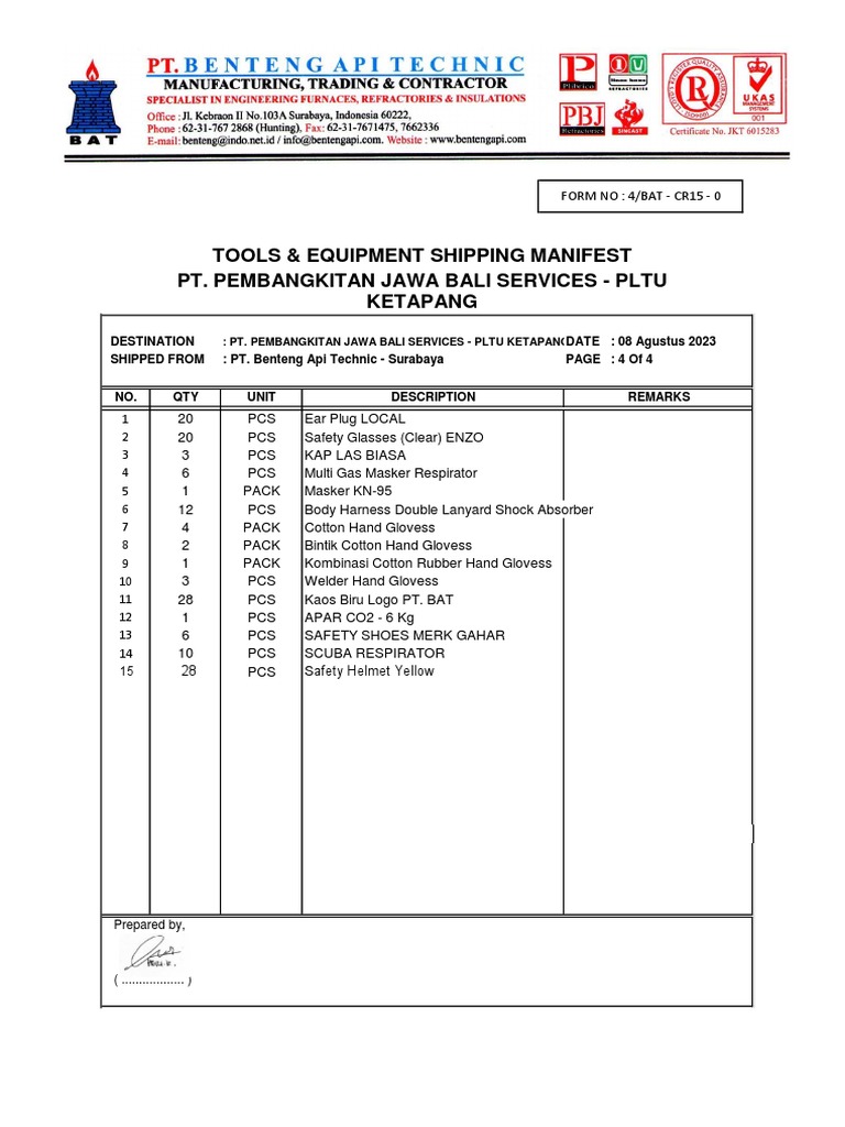 Tools & Equipment Shipping Manifest | PDF