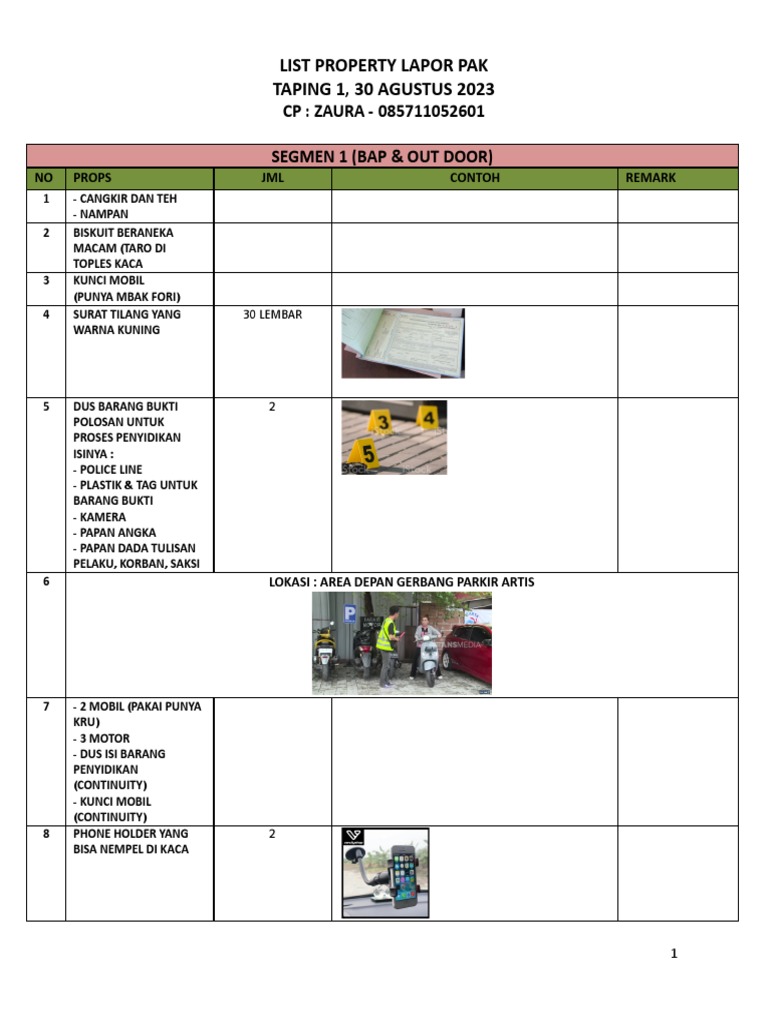 Daftar Properti Syuting "Lapor Pak" 30 Agustus 2023 | PDF