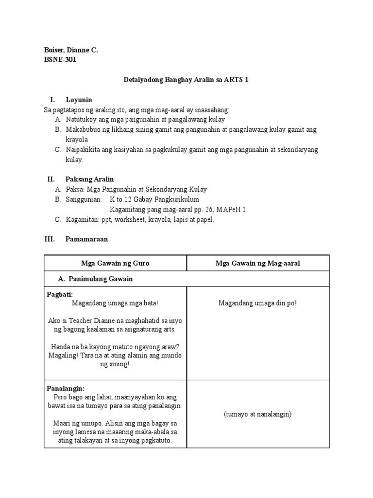 Boiser, Dianne C - Detalyadong BAnghay Aralin Sa ARTS1 | PDF