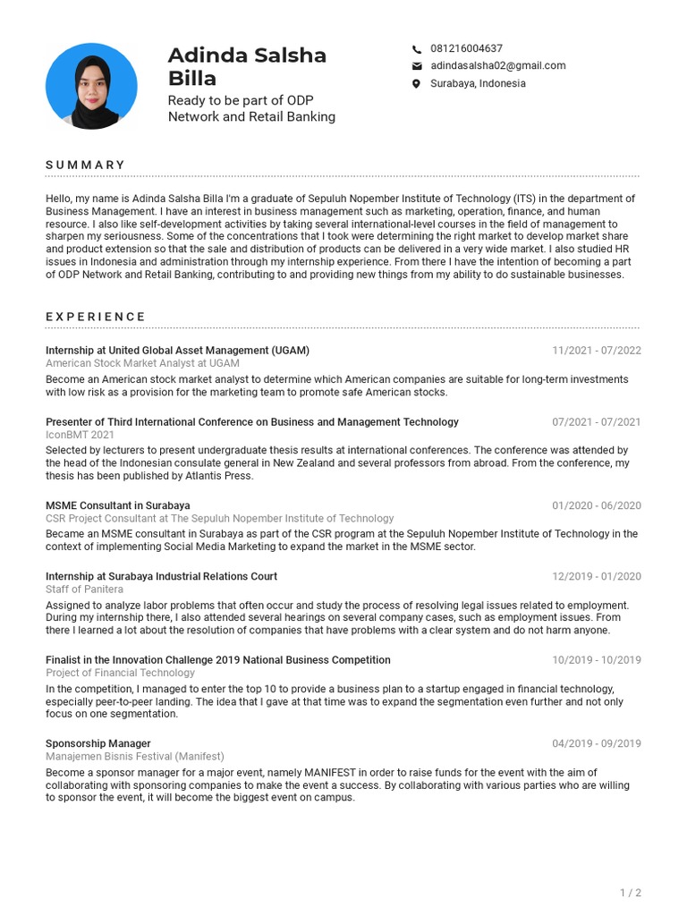 Adinda Salsha Billa - CV | PDF | Corporate Social Responsibility | Economies