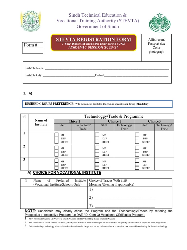 1 STEVTA Registration_Form 2023-24.Docx | PDF