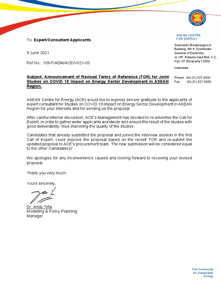 Letter For Applicants - COVID 19 Impact On Energy Sector Development in ...