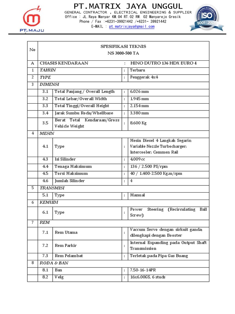 Lampiran Spesifikasi Type NS 3000-500 DUTRO 136 HDX 4 X 4 | PDF