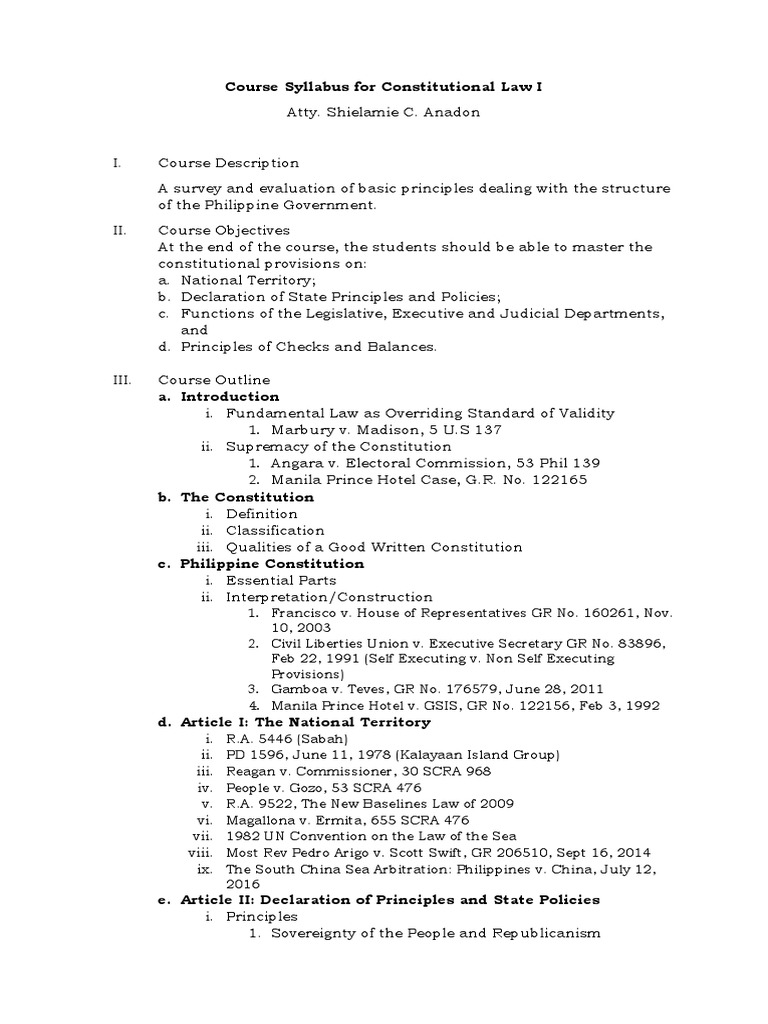 Course Syllabus For Constitutional Law I | PDF | Commission On ...