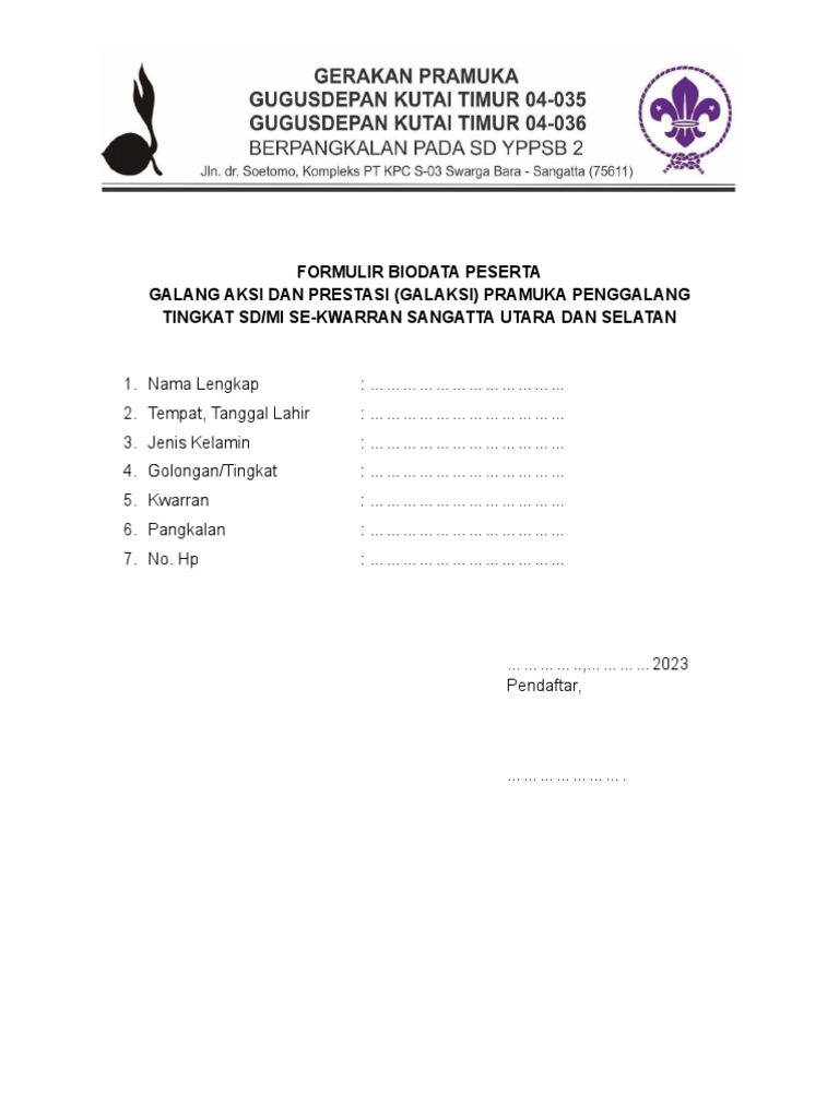 Formulir Pendaftaran Lomba Pramuka Penggalang 2023 | PDF