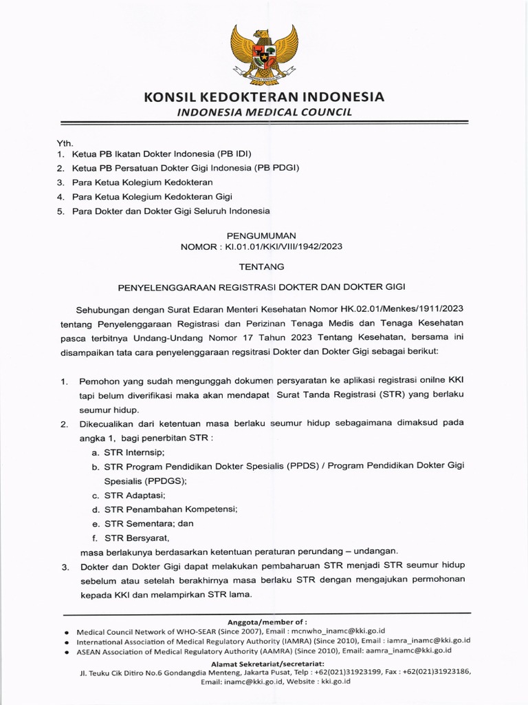 Surat Pengumuman Registrasi STR Dokter & Dokter Gi - 230828 - 150154 | PDF