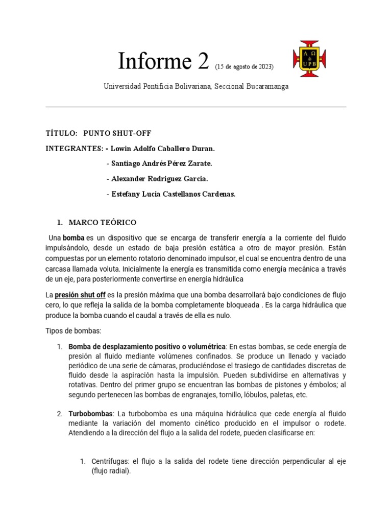 Informe No.2 - Maquinas Hidraulicas | PDF | Bomba | Líquidos
