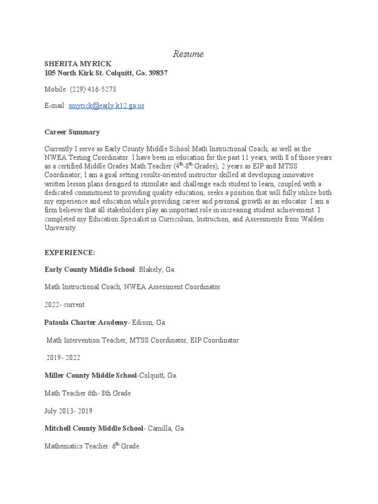Sherita Resume 2023 | PDF | Teachers | Middle Schools