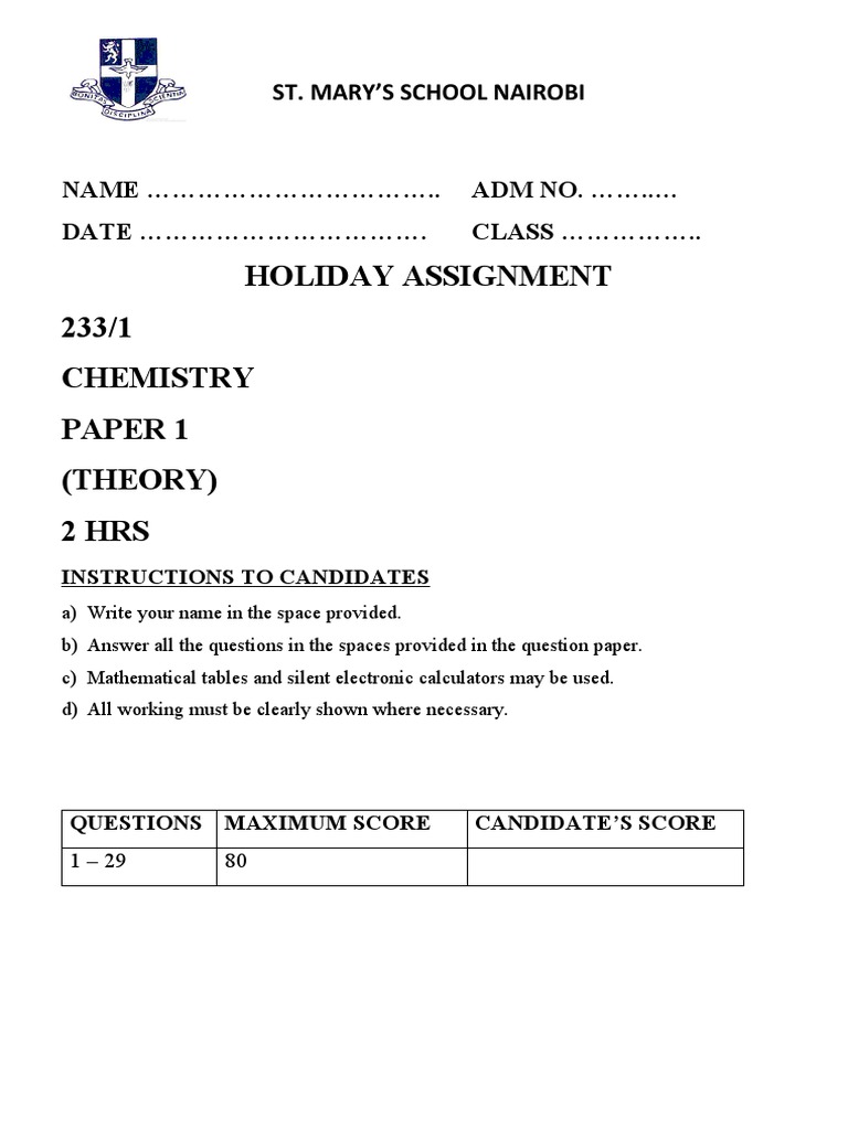 Form 3 Chem End Term 2 2023 Holiday Assignment | PDF | Solubility | Chemical Reactions