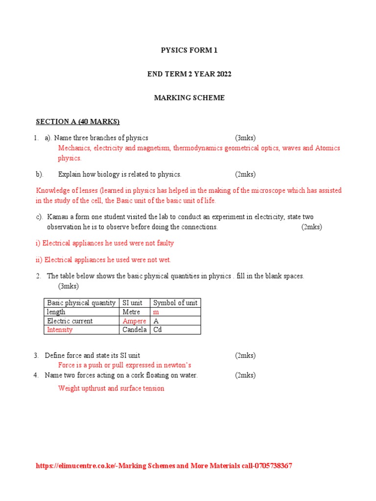Physics Form 1 Marking Scheme | PDF | Volume | Pressure