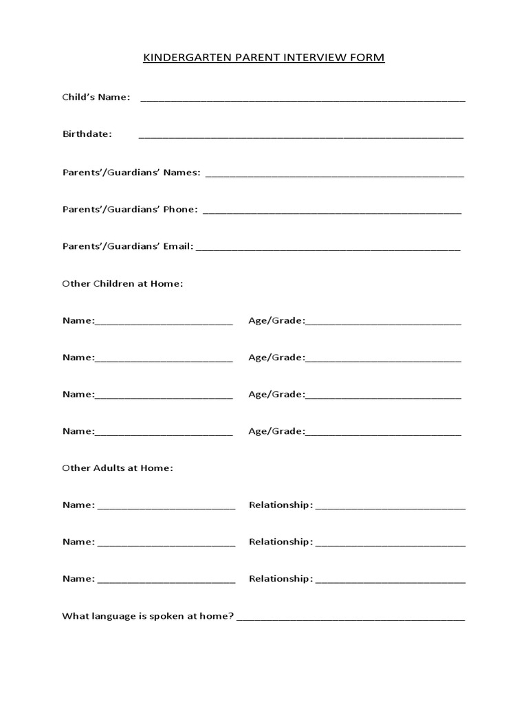 Kindergarten Parent Interview Form | PDF