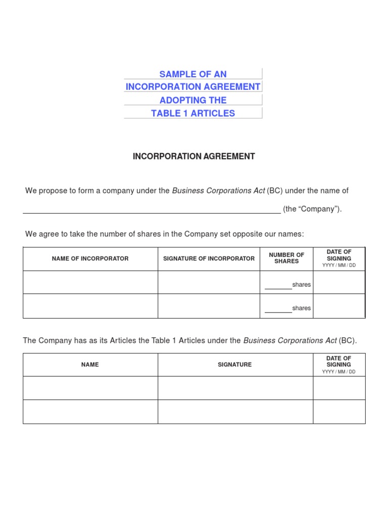 Samp 02 - Incorporation Agreement Adopting Table 1 | PDF | Proxy Voting | Dividend