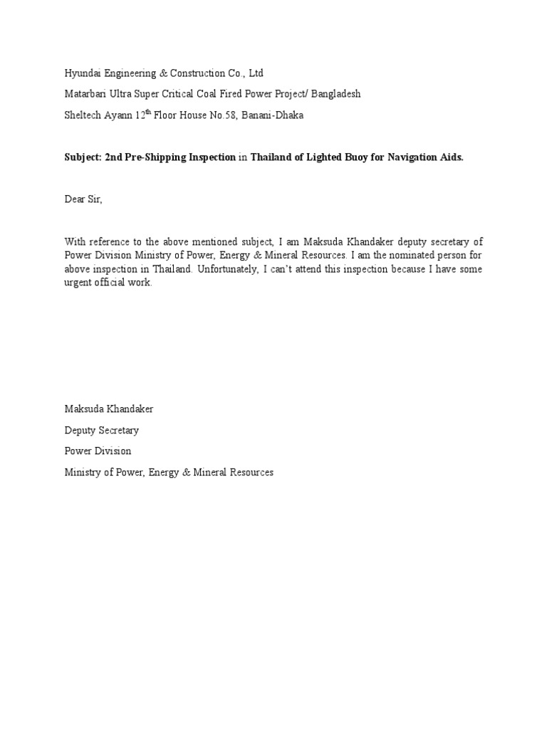 Letter for Can't Attend Inspection | PDF