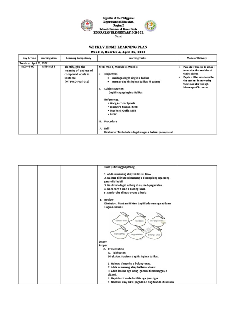 Weekly Home Learning Plan q4 MTB Mle 3 April 26 2022 | PDF