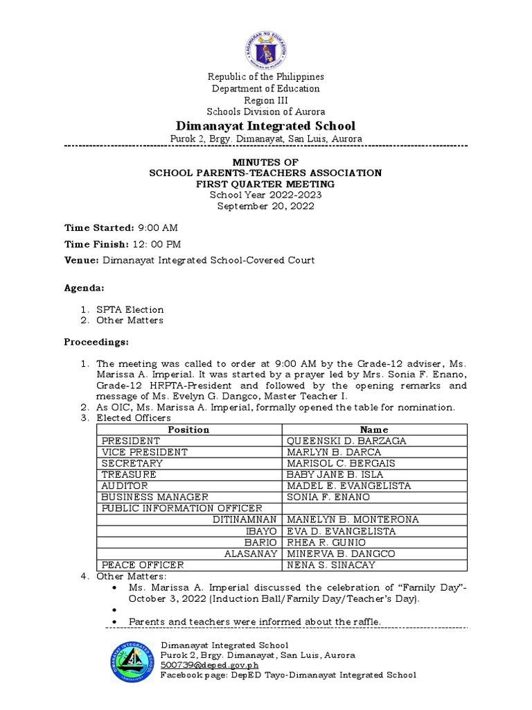 Spta Minutes of Meeting 1ST Quarter | PDF