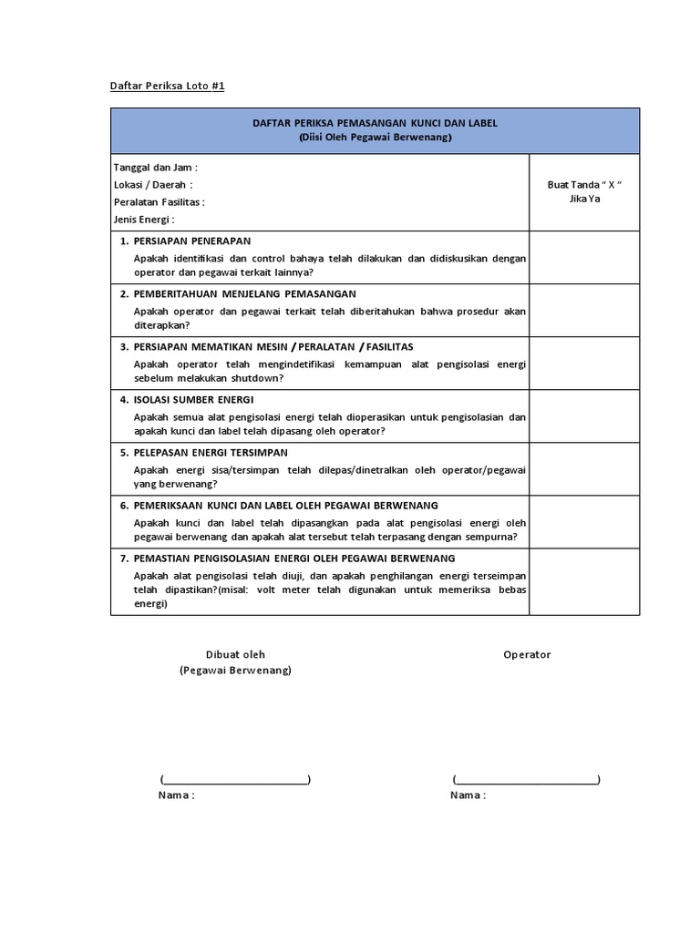 Contoh Daftar Periksa LOTO | PDF | Teknologi & Rekayasa