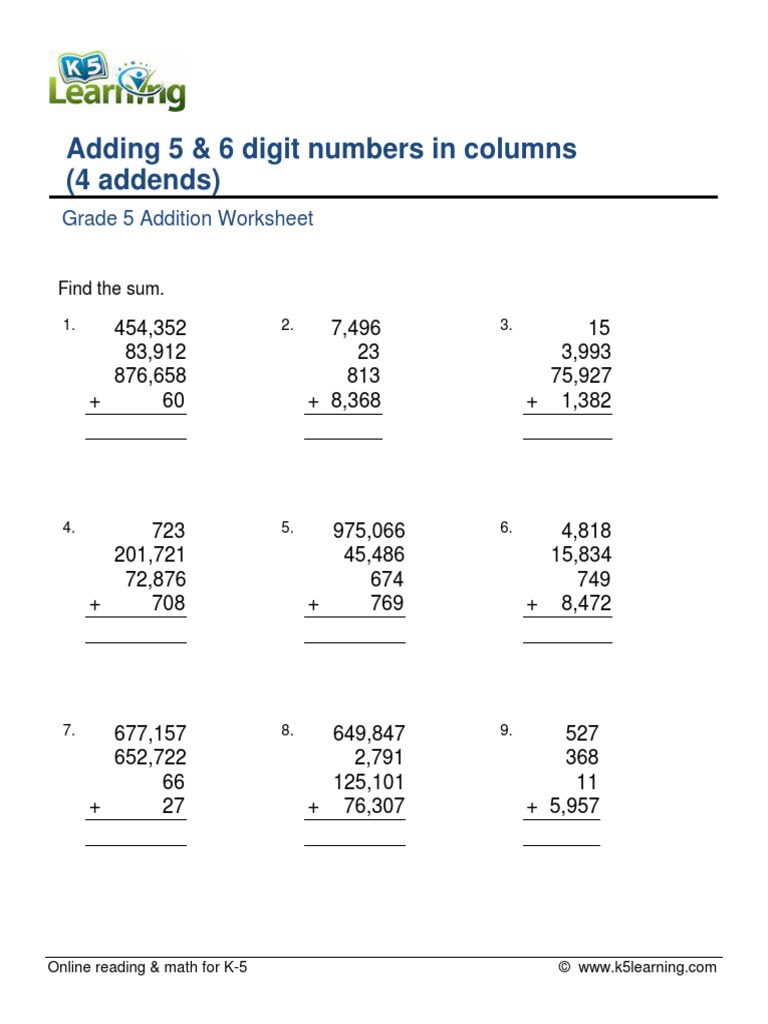 Grade 5 Add Four 5or6 Digit Numbers in Columns D | PDF