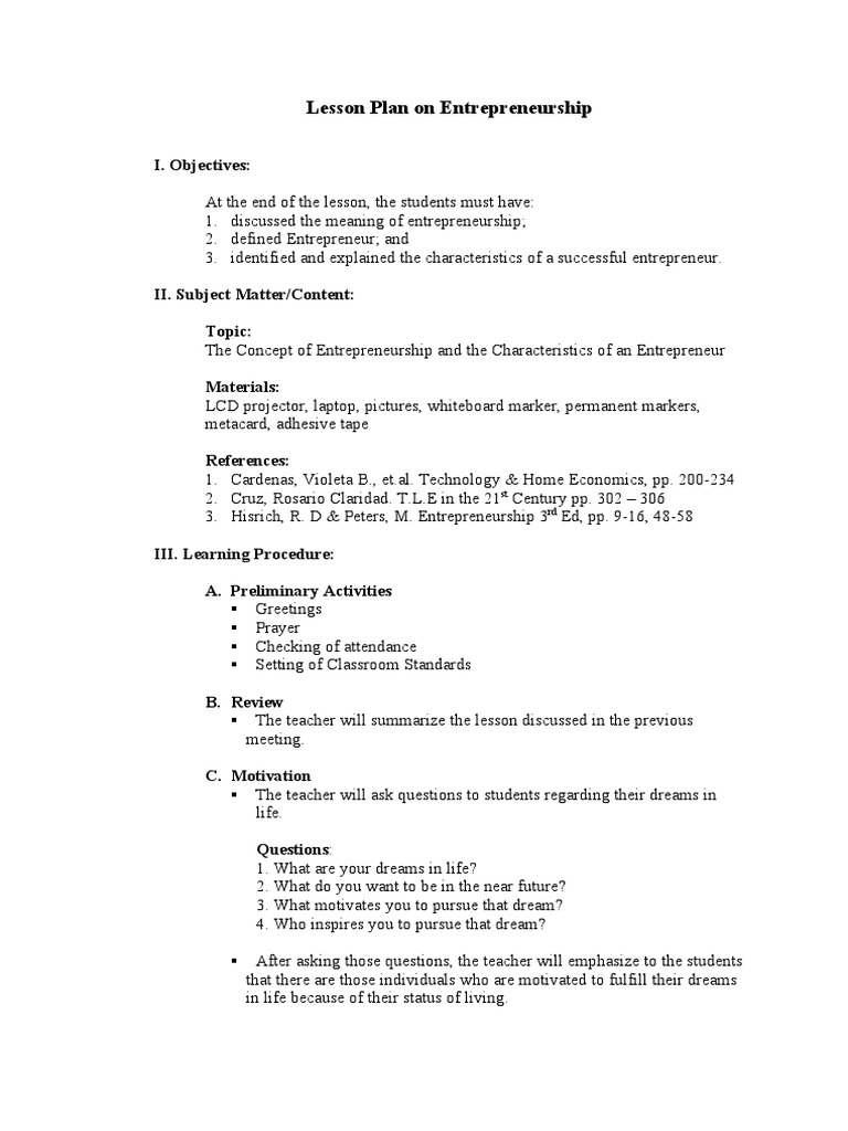 Lesson Plan in Entrepreneurship | PDF | Entrepreneurship | Teachers