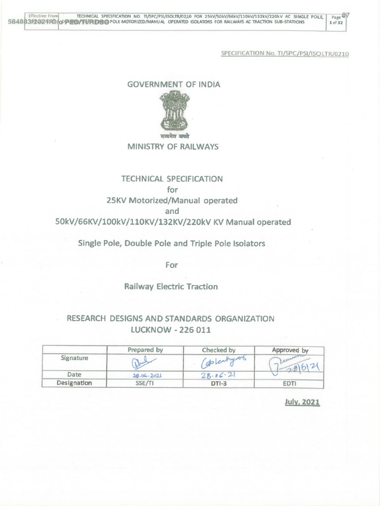 OHE 25kV Isolator Specification Indian Railway | PDF
