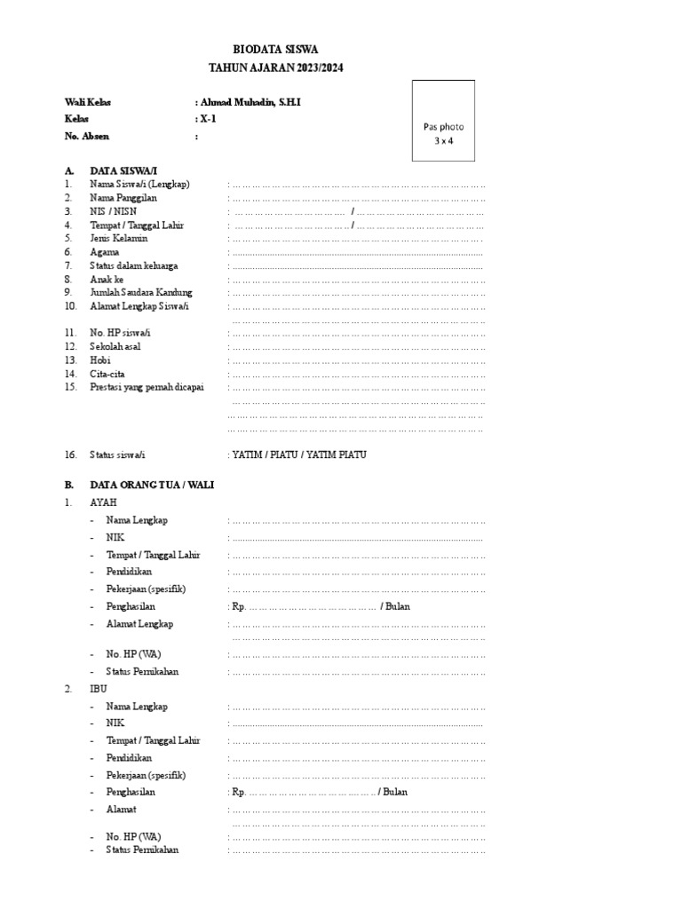 Form Biodata Siswa X-1 | PDF