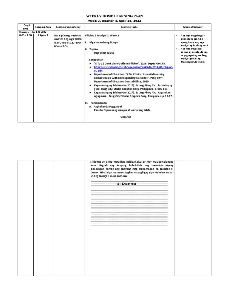 Weekly Home Learning Plan q4 Filipino 3 April 28 2022 | PDF