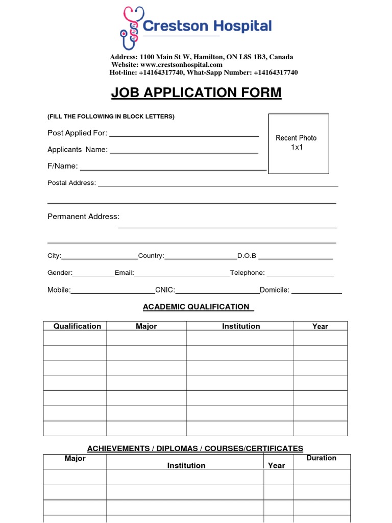 Crestson Hospital - Job - Application - Form - and - Interview - Form | PDF