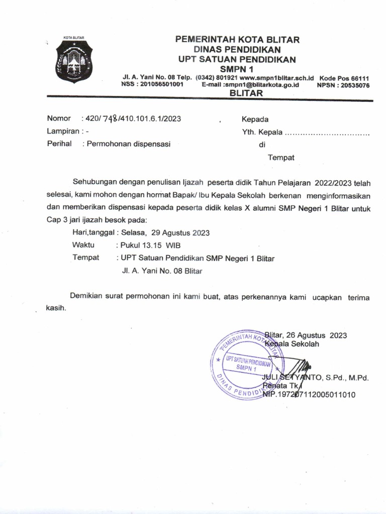 Surat Undangan Cap 3 Jari SMPN 1 Blitar | PDF