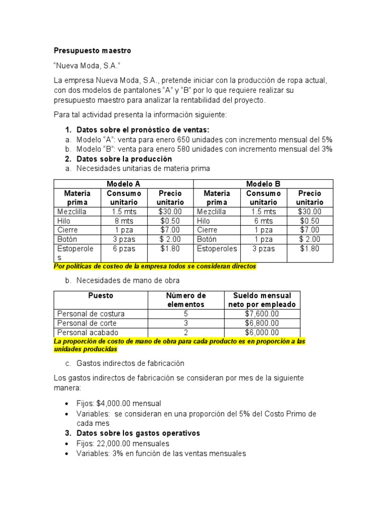 Presupuesto Maestro Ejercicio | PDF | Presupuesto | Economias