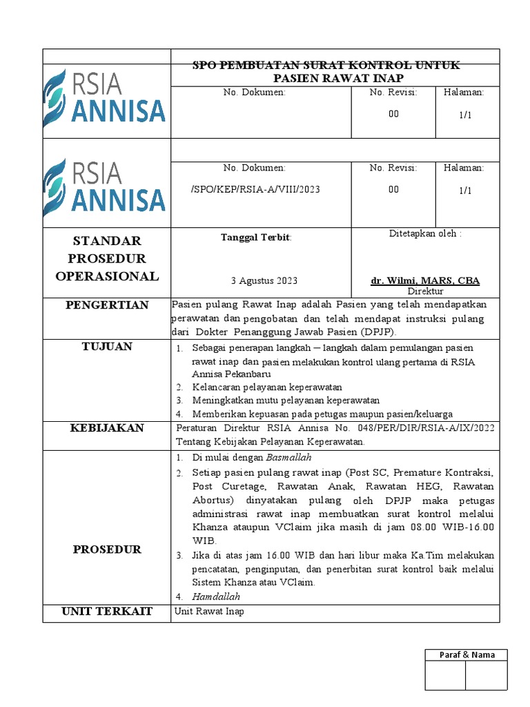 Spo Pembuatan Surat Kontrol Rawat Inap Pasien BPJS | PDF