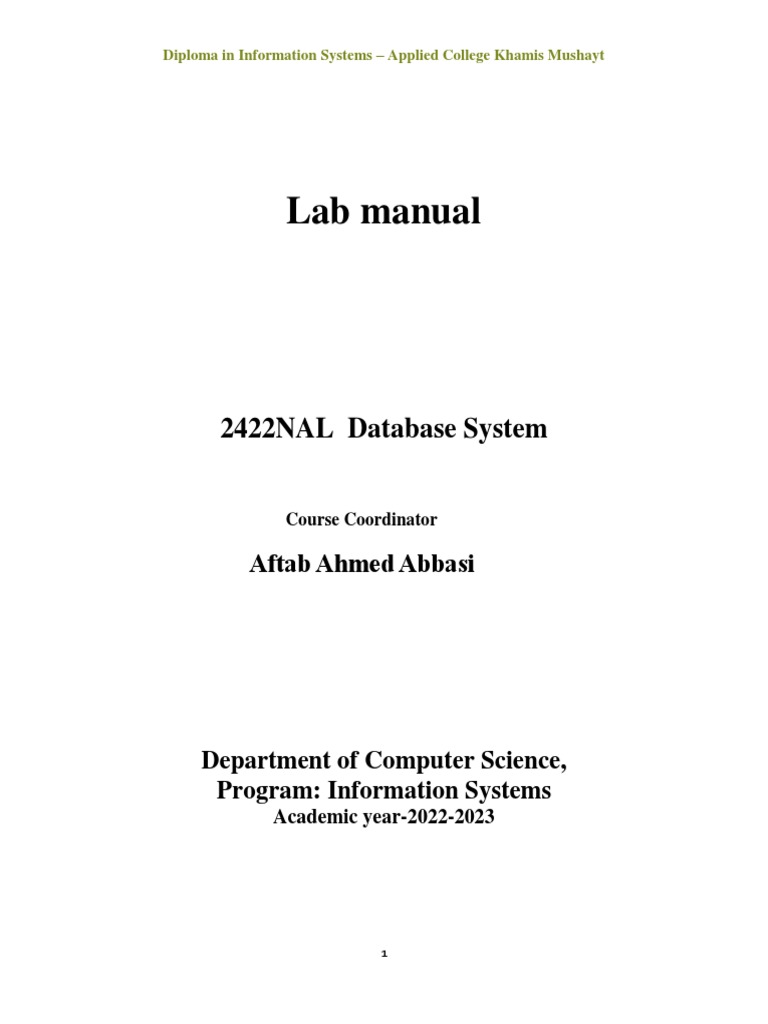 LAB MANUAL-Database System-Applied College | PDF | Relational Database | Sql