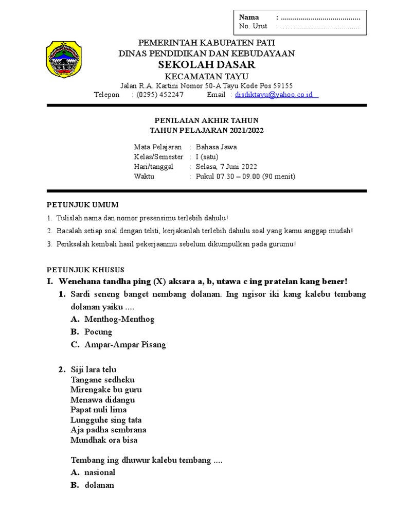 1.BJ.2 Soal B.jawa K.I | PDF