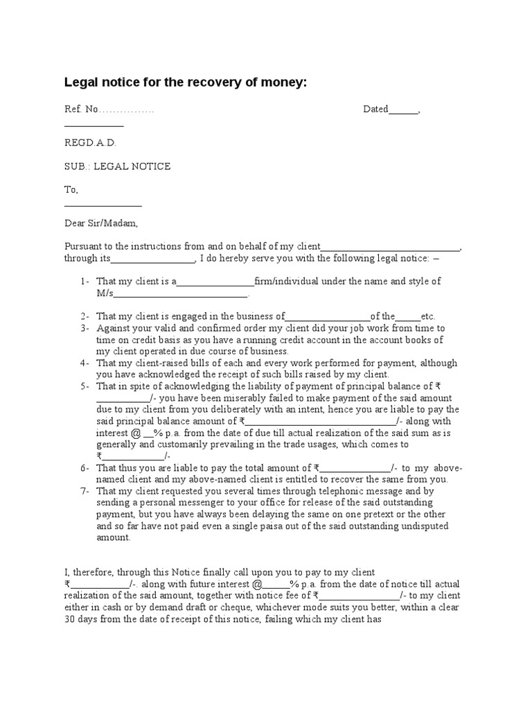 Legal Notice for Debt Recovery | PDF | Interest | Payments