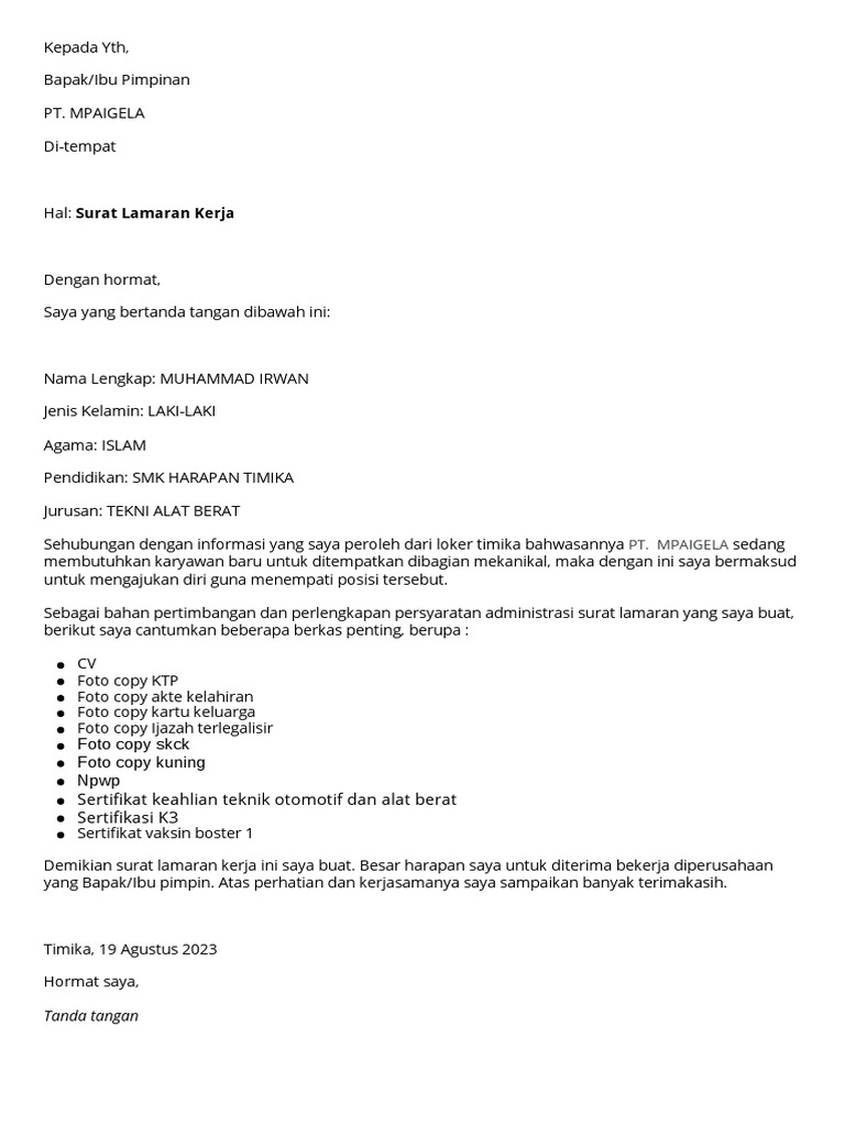 Contoh Surat Lamaran Kerja Mekanik - Docx - 20230819 - 154138 - 0000 | PDF