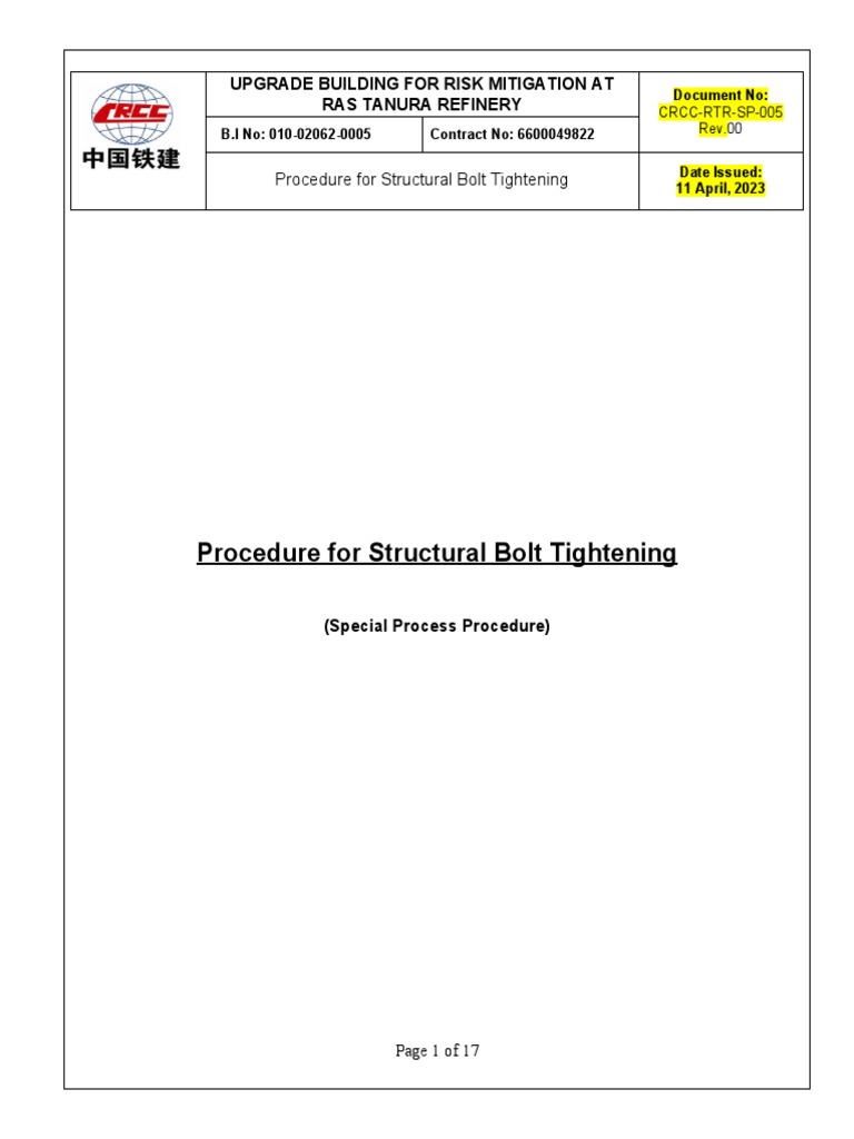 Procedure For Structural Bolt Tightening | PDF | Screw | Nut (Hardware)