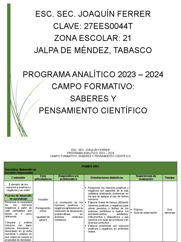 Programa Analítico Ejemplo - Saberes y Pensamiento Científico 2023 - 2024 | PDF