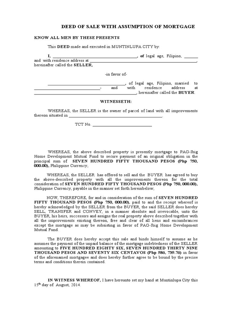 DEED OF SALE WITH ASSUMPTION OF MORTGAGE Blank | PDF