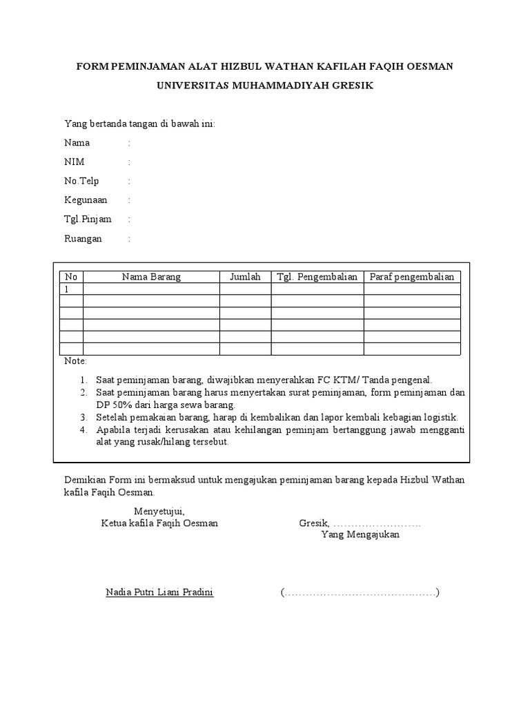 Form Peminjaman Alat Hizbul Wathan | PDF