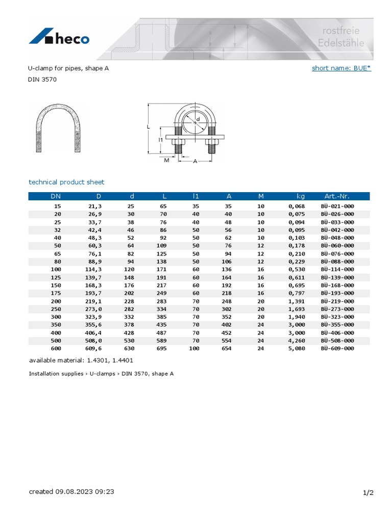 Heco Product Sheet 24 Stainless Steel U Clamps DIN 3570 Shape A ...