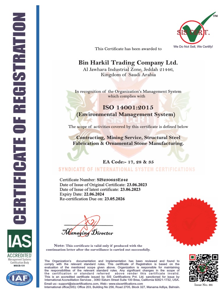 Bin Harkil Co. Ltd. ISO Certification | PDF