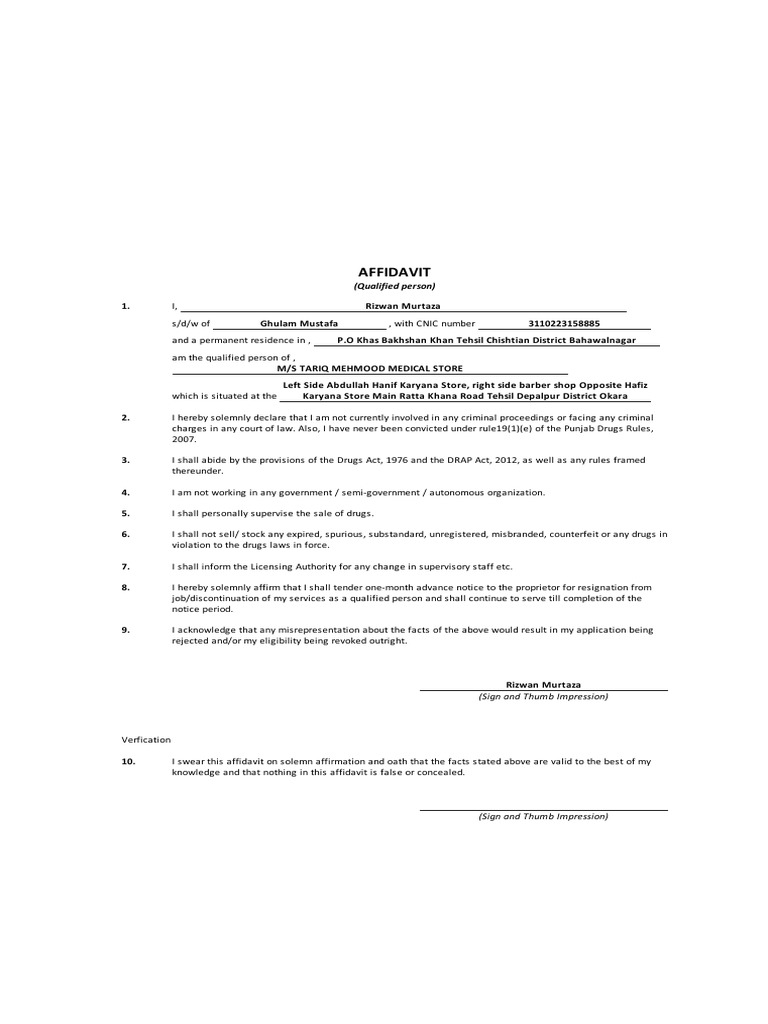 Affidavit of Qualified Person for Pharmacy | PDF | Affidavit | Legal ...