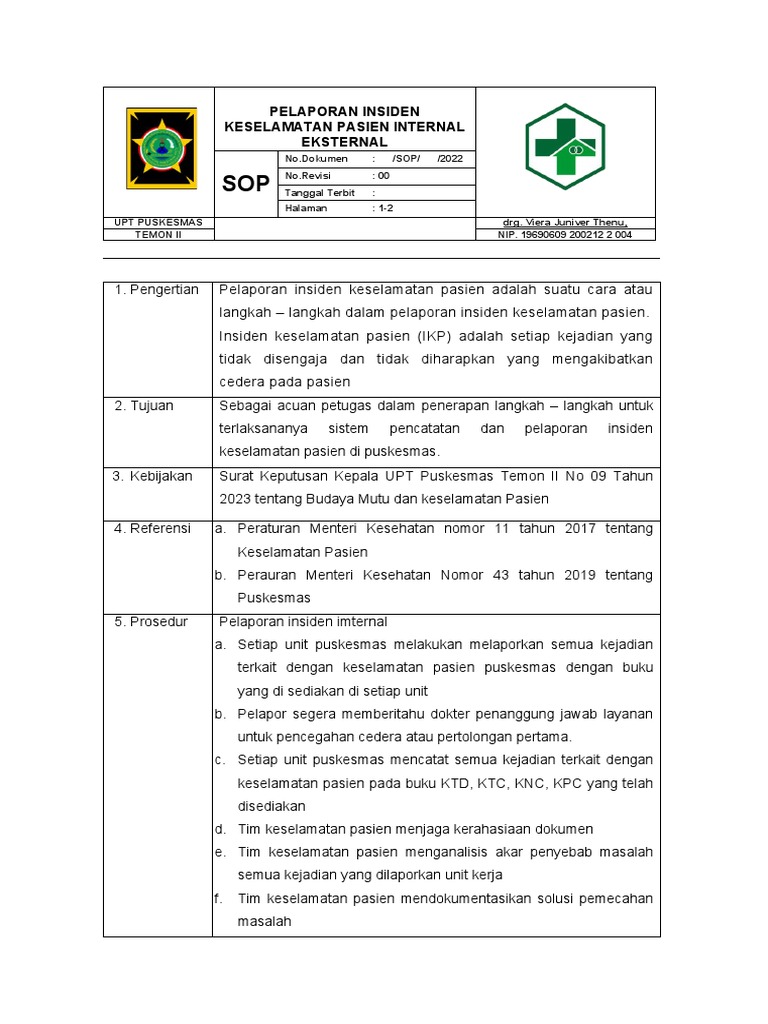 SOP Pelaporan Insiden Keselamatan Pasien | PDF