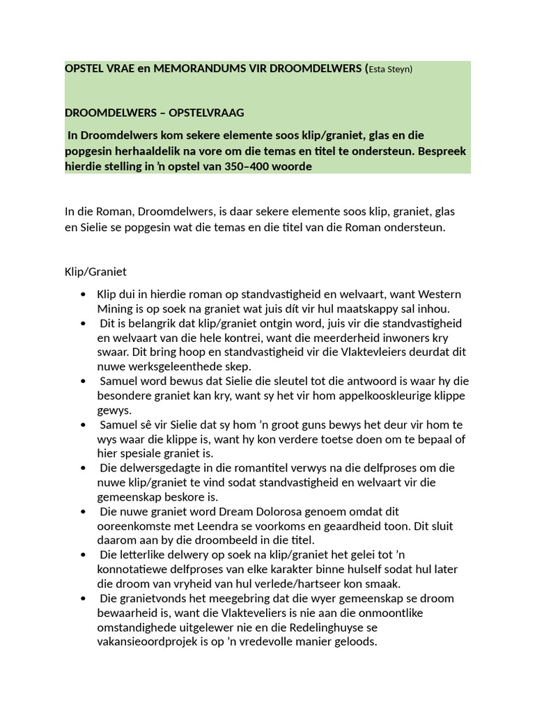 Langvrae en Memorandums Vir Droomdelwers | PDF